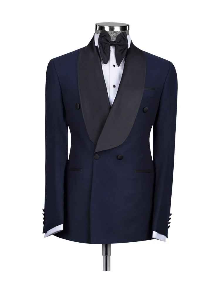 Navy Blue Jacquard Double Breasted Shawl Lapel Suits – zarayee