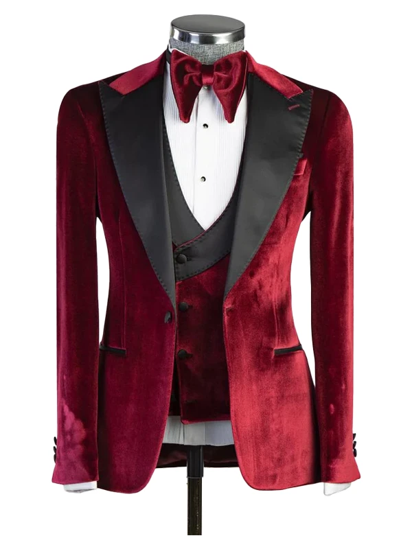 Elegant Burgundy Black Satin Lapel Velvet Prom Suit – zarayee