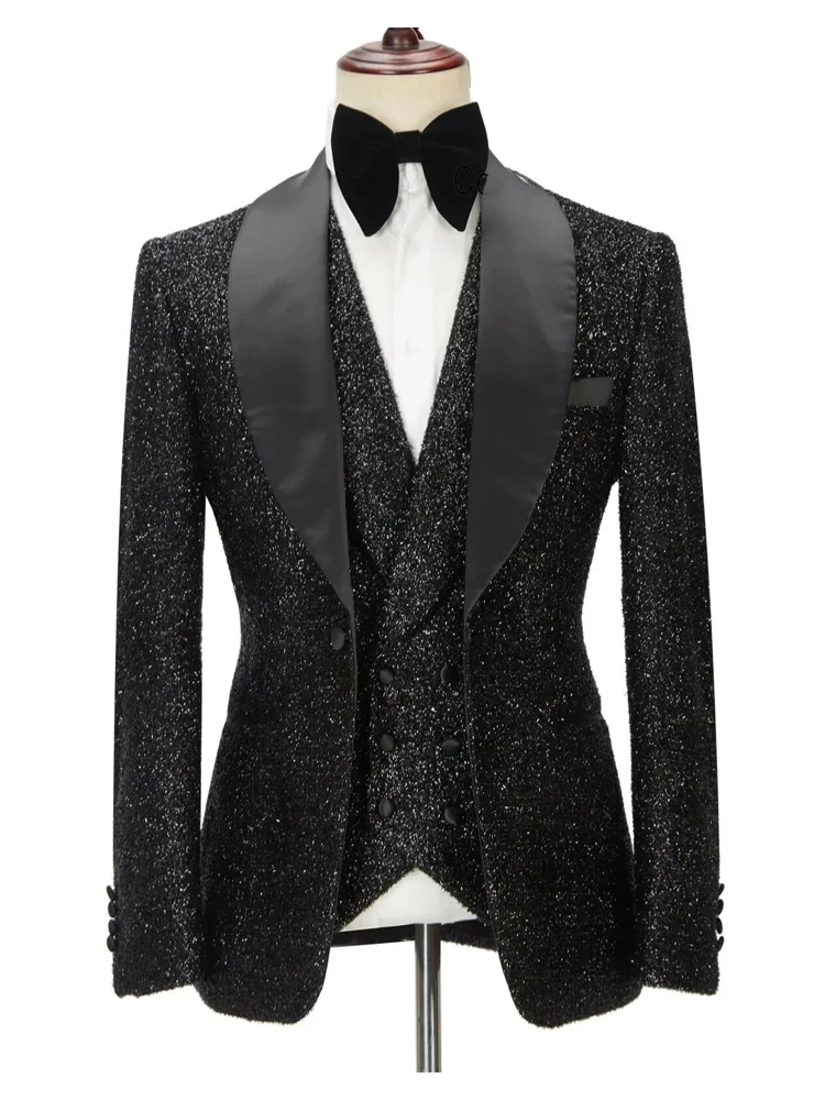 Sparkle Black Three Pieces Shawl Lapel Wedding Suit – zarayee