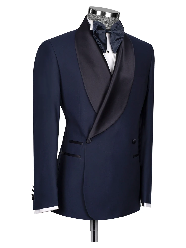 Navy Blue Formal Black Shawl Lapel Double Breasted Wedding Suits – zarayee