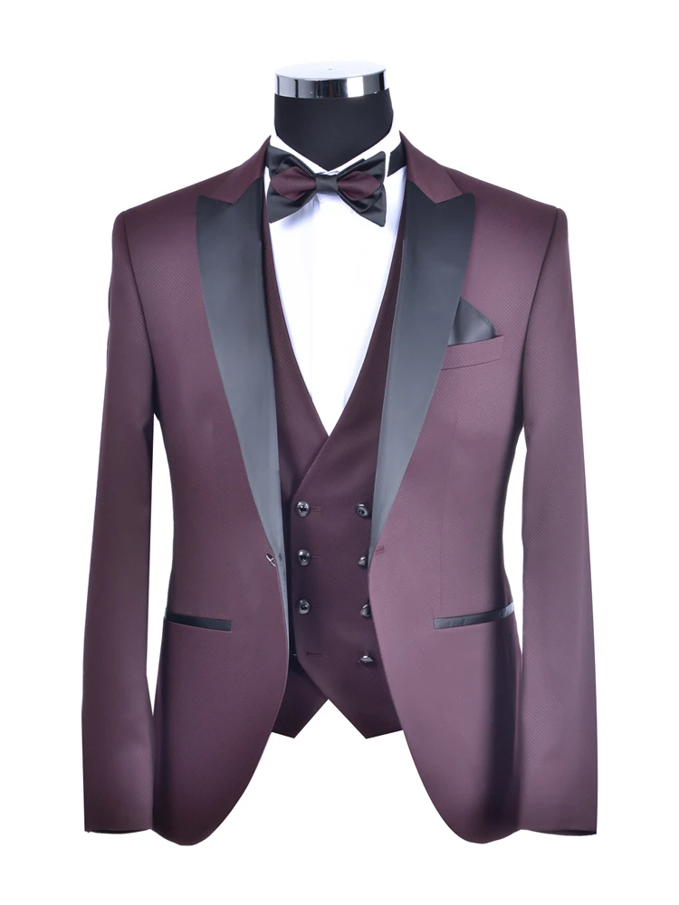 Burgundy Slim Fit Black Trim Peak Lapel Prom Tuxedo – zarayee