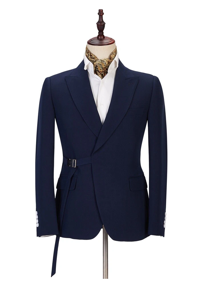 Fashion Navy Blue Peak Lapel Two Piece Prom Men Suit – zarayee