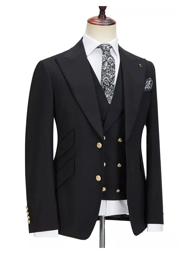 Black Three Piece Peak Lapel Slim Fit Business Men Suits – zarayee