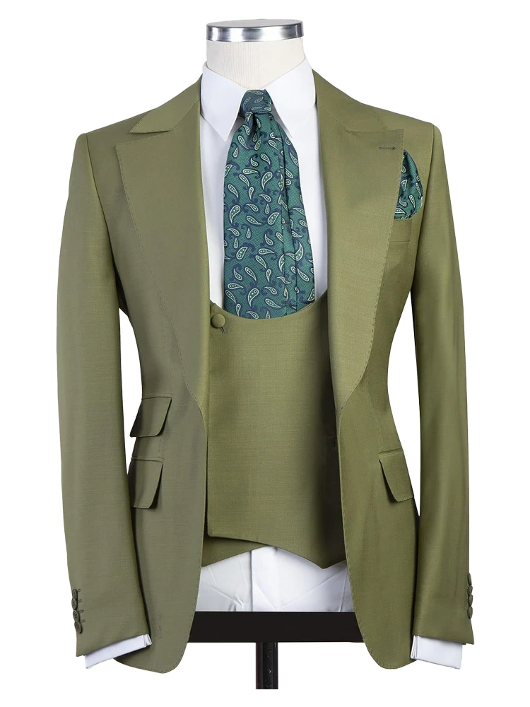 Modern Olive Green Peak Lapel Three Piece Single Breasted Men Suits ...