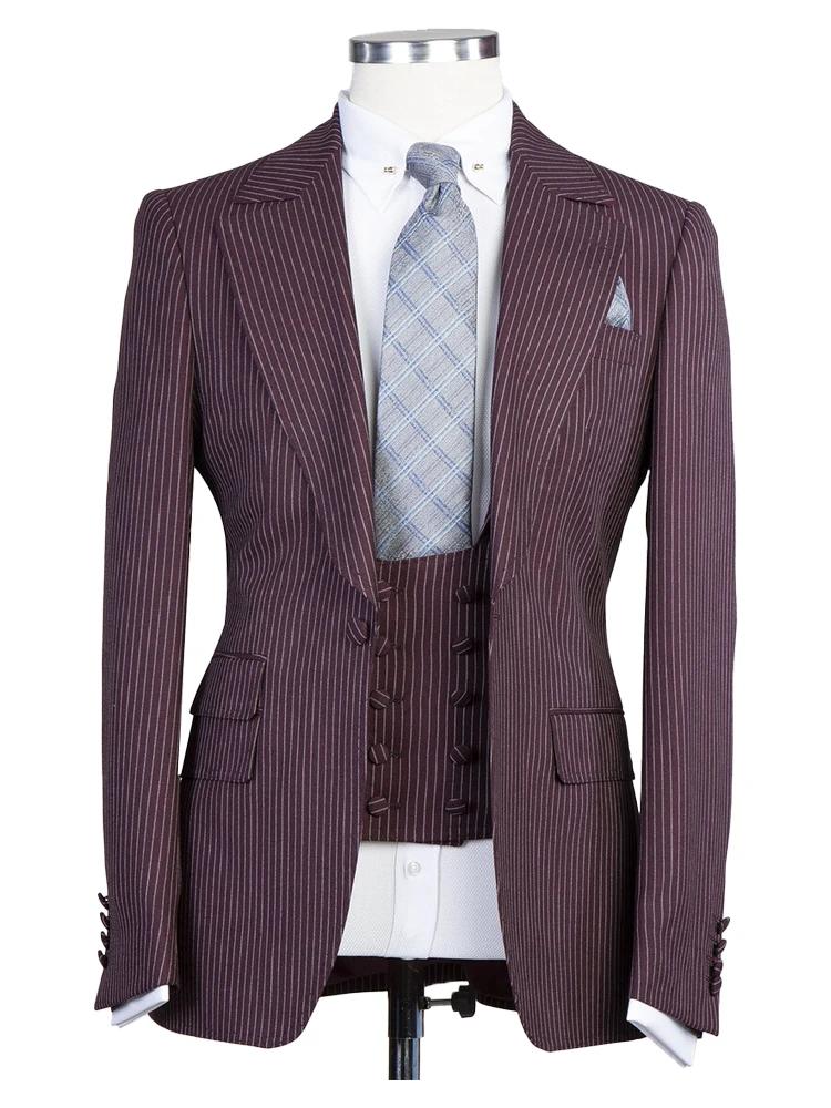 Luxury Burgundy Pinstripe Three Piece Wide Peak Lapel Single Breasted ...