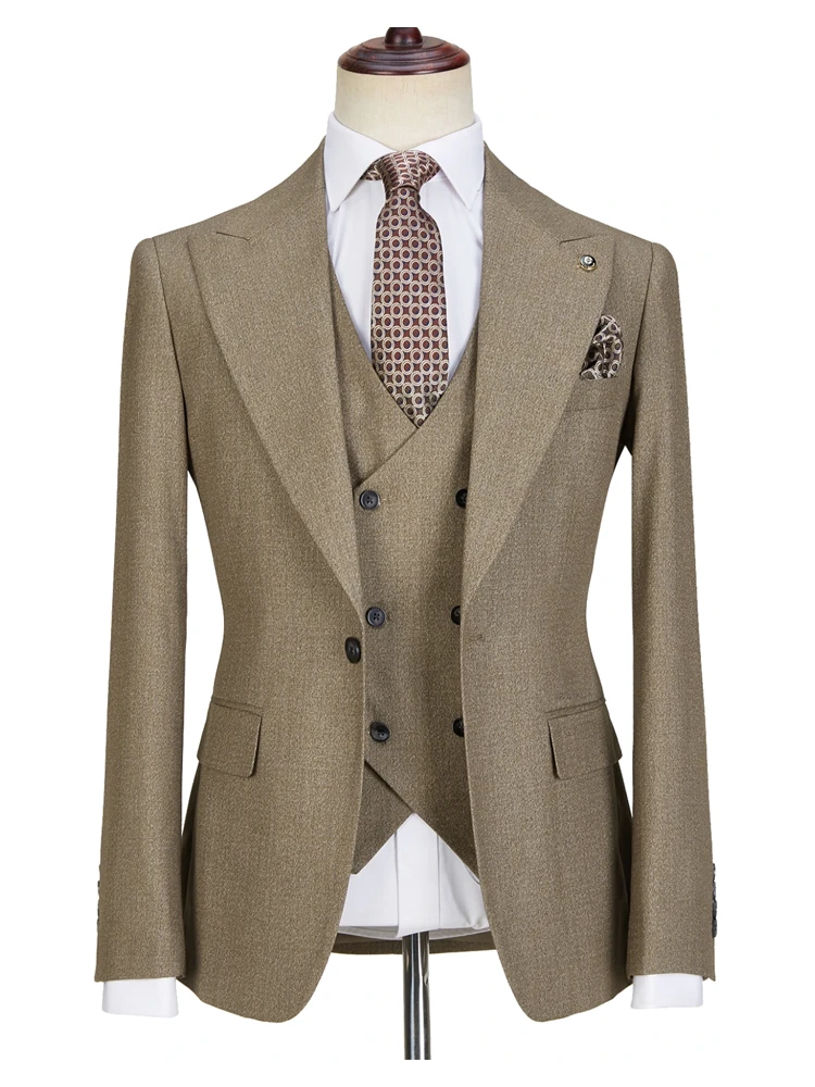 Bespoke Stylish Khaki Three Piece Peak Lapel Single Breasted Men Suits ...