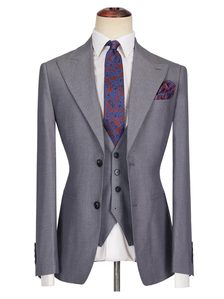 Fashion Three Piece Peak Lapel Grey Business Regular Fit Men Suits ...