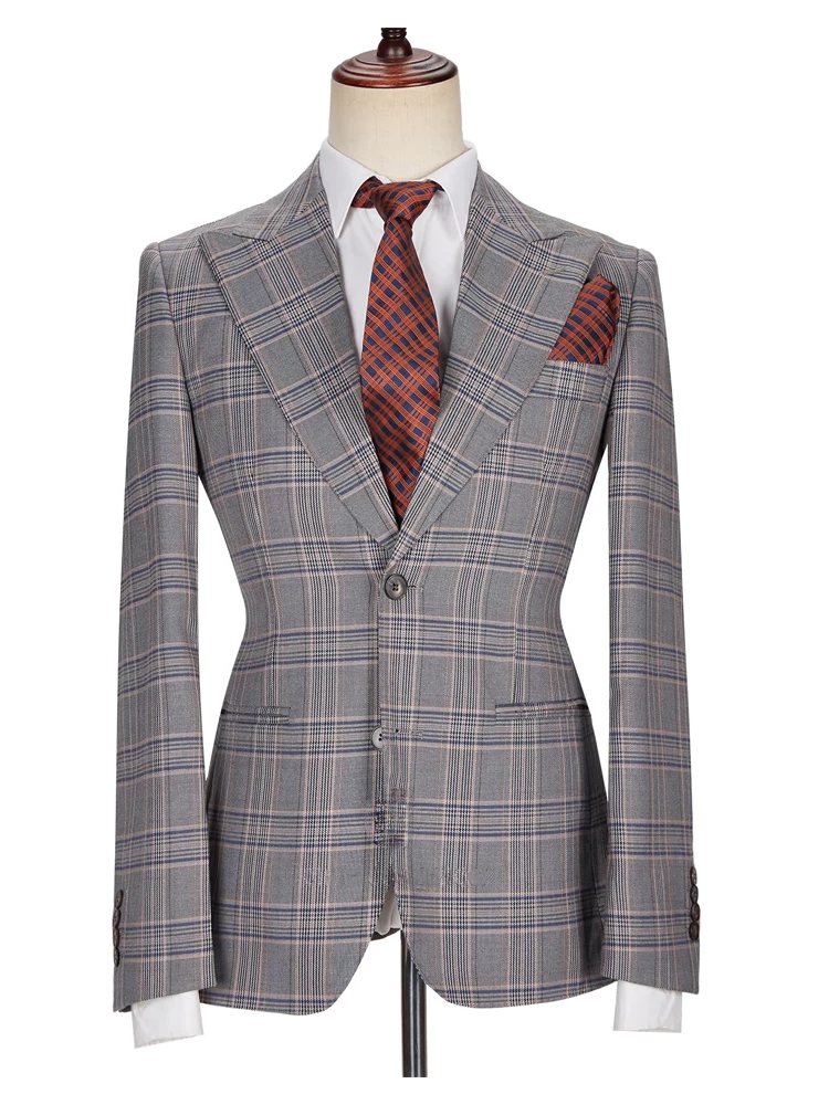 New Design Three Piece Peak Lapel Grey Plaid Slim Fit High Quality ...