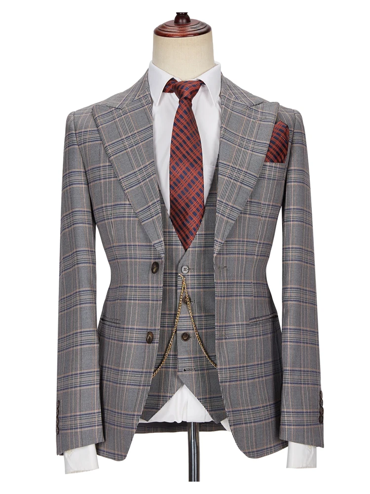 New Design Three Piece Peak Lapel Grey Plaid Slim Fit High Quality ...