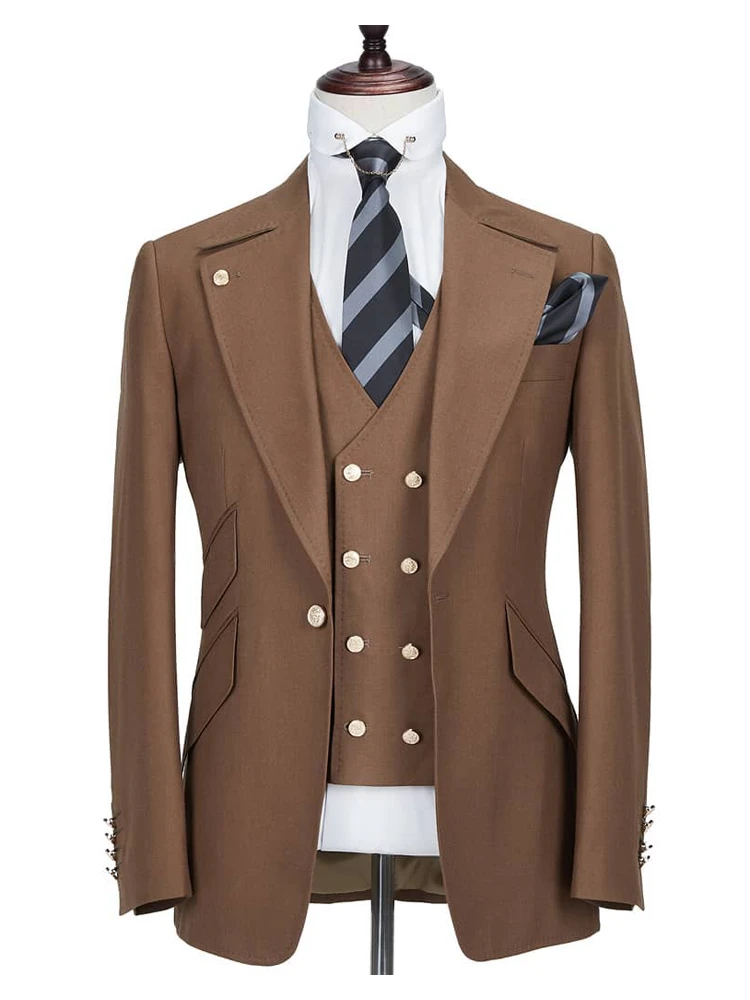 Classic Brown Notch Lapel Three Piece One Button Slim Fit Business ...